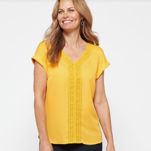 Fortune & Ivy | Tops | Fortune Ivy Zora Yellow Crochet Trim Mixed Matrial Blouse Size Medium ...